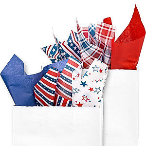 Whaline 4th of July Tissue Paper 90 Sheet Patriotic Stars Stripes Pattern Tissue Paper 6 Design Red Blue White Wrapping Paper Holiday Art Tissue for Independence Day DIY Gift Packing Party Favor