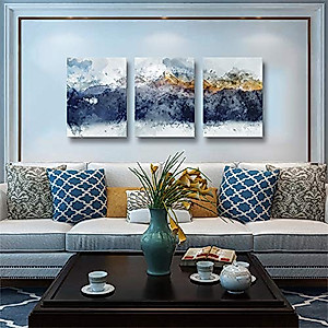 Abstract Canvas Wall Art for Living Room Modern Navy Blue Abstract Mountains Print Poster Picture Artworks for Bedroom Bathroom Kitchen Wall Decor 3 Pieces Framed Ready to Hang