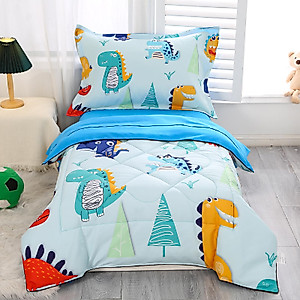Wowelife 4 Pieces Toddler Bedding Sets for Boys Blue Toddler Bed Sheets Sets Kids Dino Toddler Comforter Set Soft Breathable with Quilted Comforter, Flat Sheet, Fitted Sheet and Pillowcase, Dinosaur