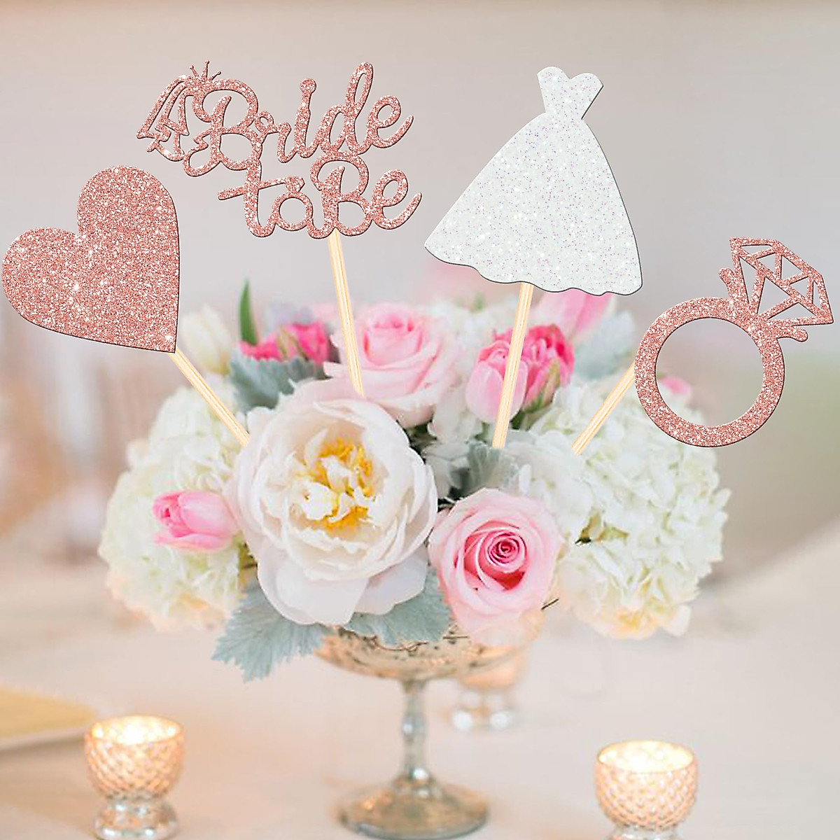 12 PCS Bride to Be Centerpiece Sticks Double Sided Glitter Heart Ring Dress Bridal Shower Table Flower Centerpieces for Wedding Engagement Bachelorette Party Flower Decorations Supplies Rose Gold