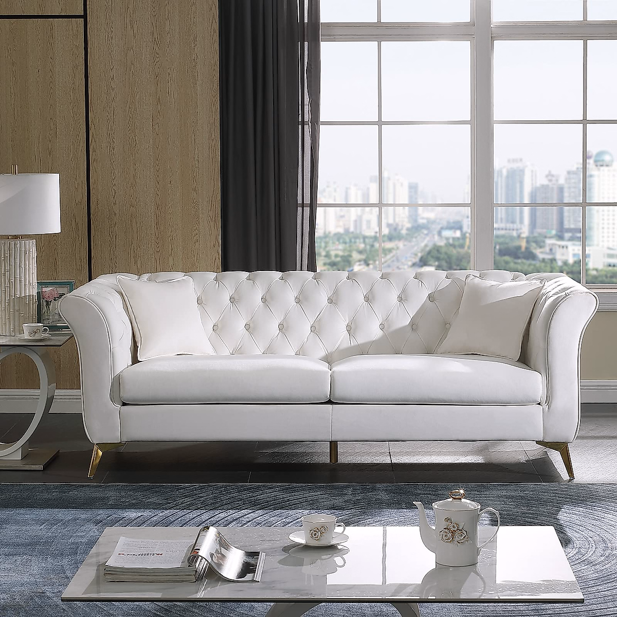 KEVINSPACE 87" Velvet Sofa Traditional Couch Chesterfield Sofa for Living Room, 3 Seater Modern Sofa Tufted Upholstered Couch with 2 Pillows, Furniture for Apartment Bedroom,Office White