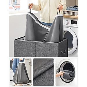 SONGMICS 37.5 Gal. Foldable Laundry Basket with 2 Compartments, Magnetic Lid and Handles, Removable Liner Bag, Dark Gray