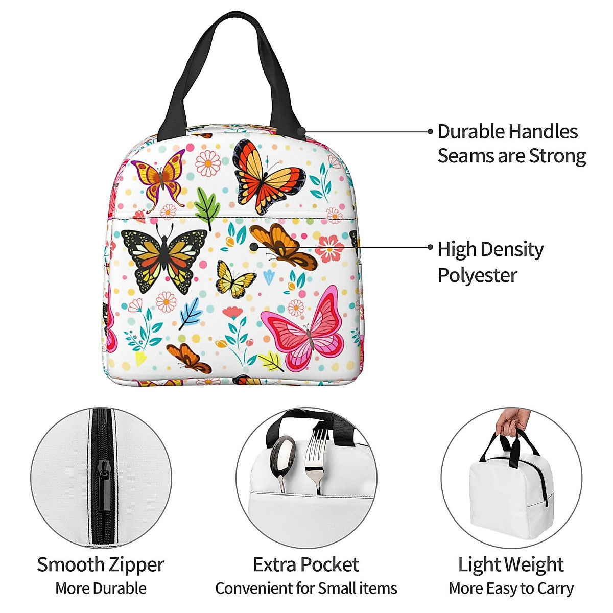 BLUBLU Insulated Lunch Bag for Women, Cooler Tote Reusable Lunch Box Container For Work Office Travel Picnic Butterfly