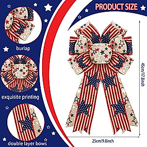 2 Pcs Patriotic Bow Wreath 4th of July Memorial Day Red White Blue Star Burlap American Flag Bow Memorial Day Bow for Indoor Outdoor Tree Topper Independence Day Party Decoration (Classic Style)