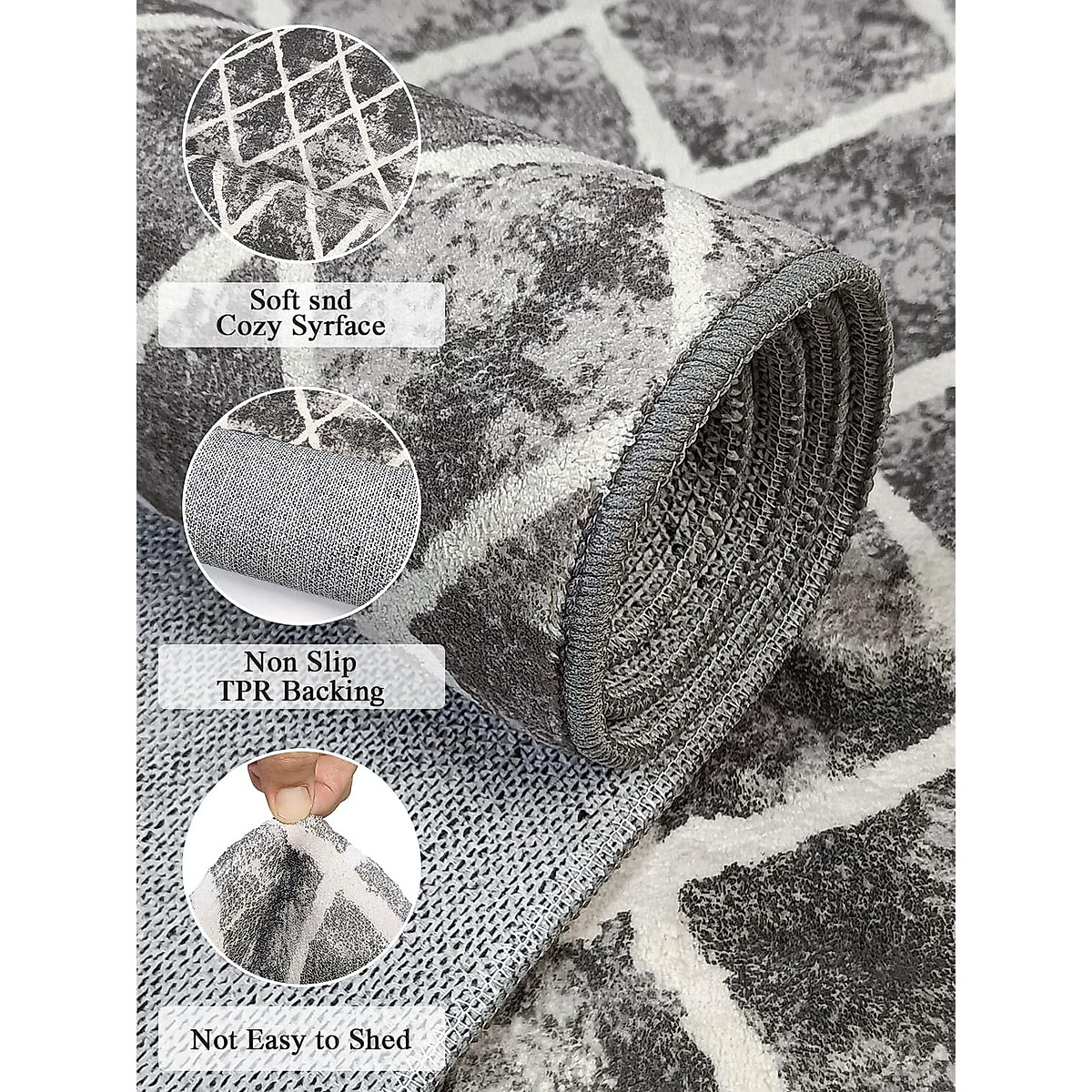 Trellis Washable Round Area Rug - Grey 4ft Round Rug Non-Slip Distressed Design Small Bedroom Circle Rug Non-Shedding Sofa Carpet for Bedroom Living Room Kitchen