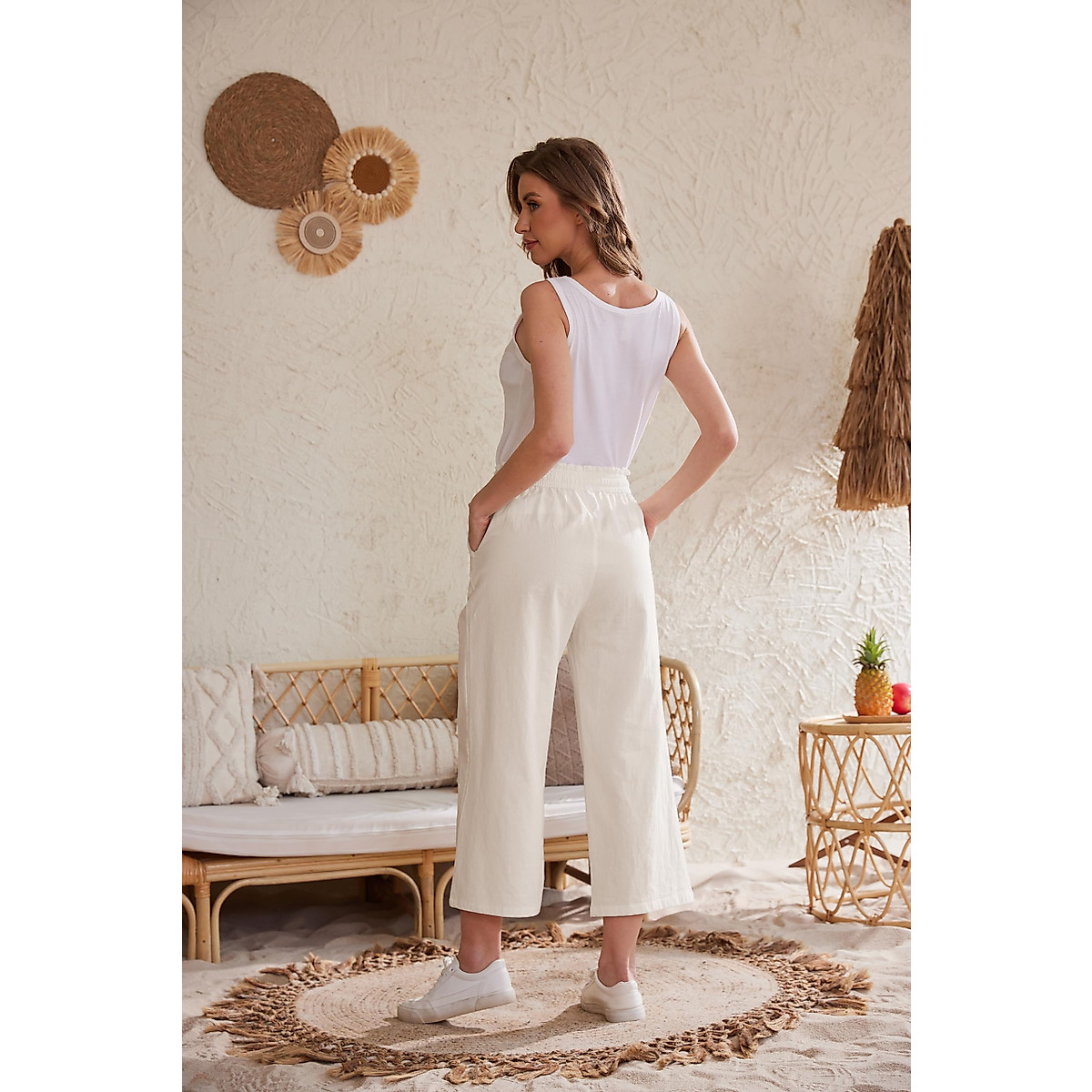 CNJXJCD Womens Linen Pants Wide Leg High Waisted Drawstring Casual Flowy Pants with Pockets