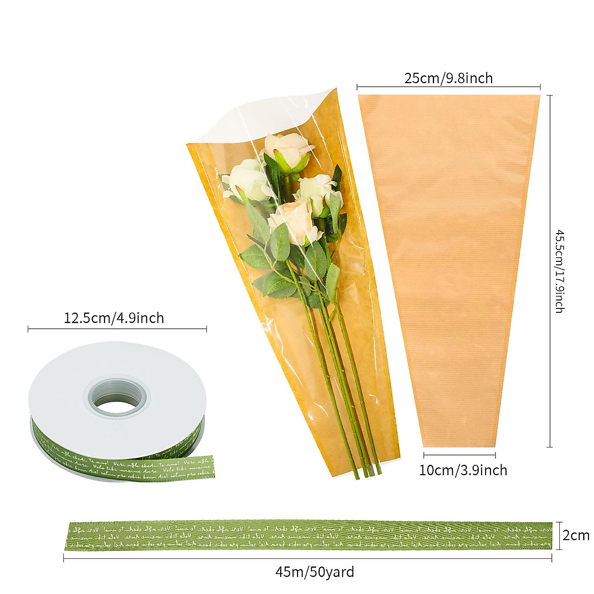 VOCAON 50PCS Flower Bouquet Wrapping Paper with Ribbon, Kraft Packing Sleeves for Bouquets Clear Floral Wrapping Bags Bulk for Graduation Anniversary Wedding Birthday Gift 17.9x9.8x3.9 Inches
