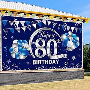 Kauayurk Blue Silver 80th Birthday Banner Decorations for Men - Happy 80 Birthday Backdrop Party Supplies - Eighty Birthday Poster Photo Props Background Sign Decor