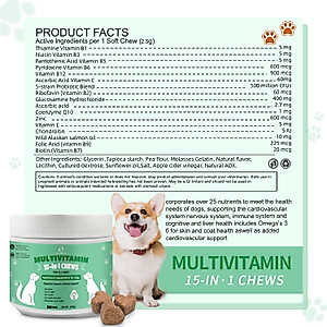 Multivitamin Chews for Dog Supplement-Dog Multivitamin Treats with Glucosamine chondroitin Probiotics Omega Fish Oil Improved Digestion Antioxidants Support Skin Hip Joint with Healthy Immune System