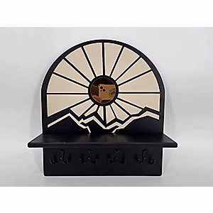 FF&YY Sunrise Design Unique Black Wall Shelf Entry Decor with Acrylic Mirror Decorative Coat Rack,Natural Wood Rustic Floating Shelf Unit Modern for Living Room,Bedroom,Bedroom, Kids Room and Kitchen