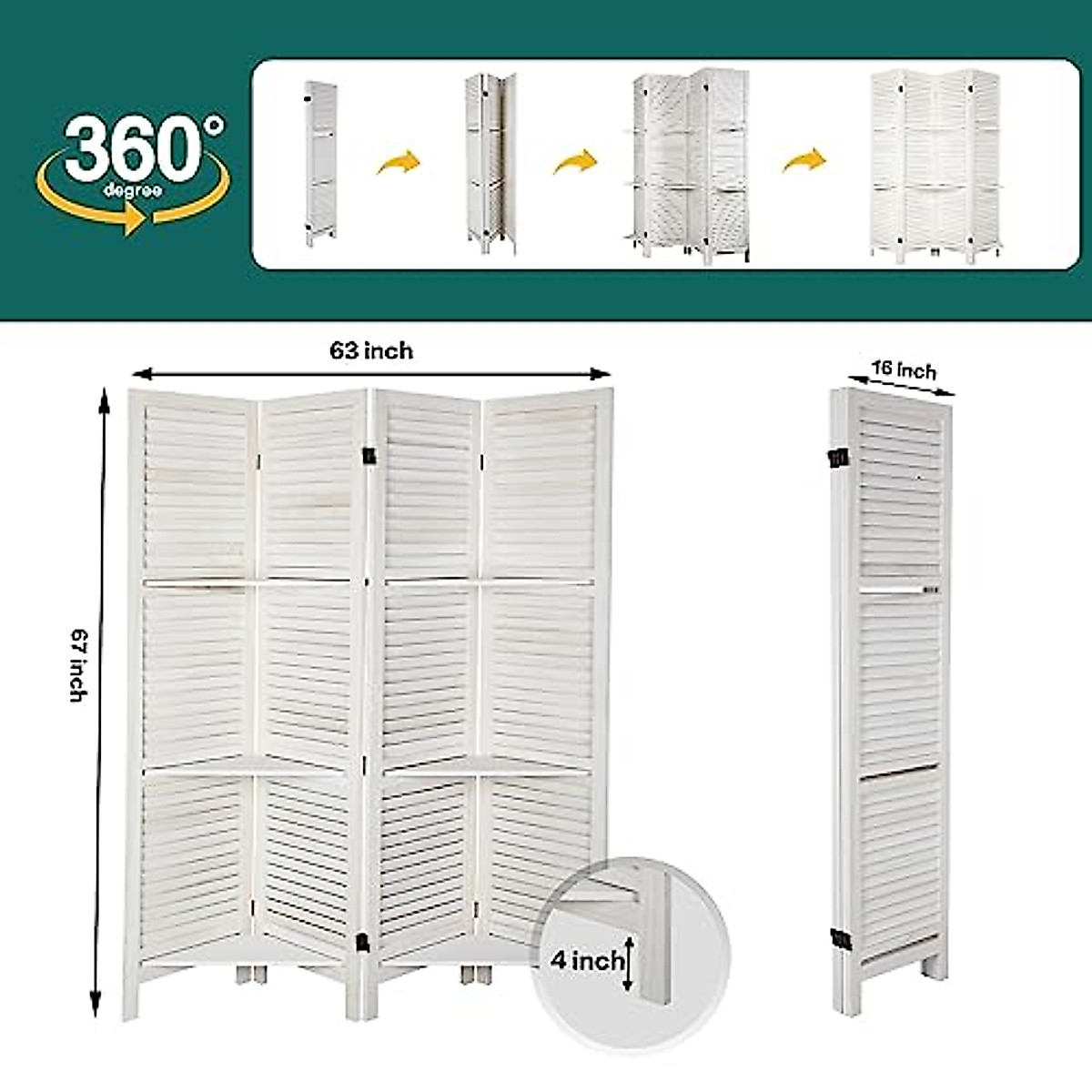 ECOMEX 4 Panel Room Divider with Shelves 5.6Ft Tall Folding Privacy Screens Room Dividers for Bedroom Home Double Hinged Wooden Room Dividers and Room Separator, White