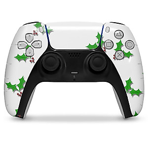 WraptorSkinz Skin Wrap compatible with Sony PS5 DualSense Controller Christmas Holly Leaves on White (CONTROLLER NOT INCLUDED)