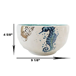 Ebros Nautical Marine Coastal Sea Life Blue And White Seahorse Ceramic Dinnerware For Beach Party Hosting Kitchen And Dining Earthenware Serveware (Large Pasta Noodles Salad Soup Serving Bowl 95oz)