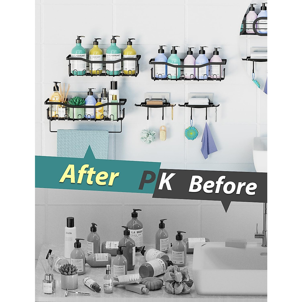 plainshe 10 Packs Shower Caddy, Shower Organizer with 3 Shower Shelves, 2 Soap Dishes & Towel Rack, Stainless Steel Wall Rack Basket with Adhesives Mounted for Bathroom & Kitchen (Black/N-Type)