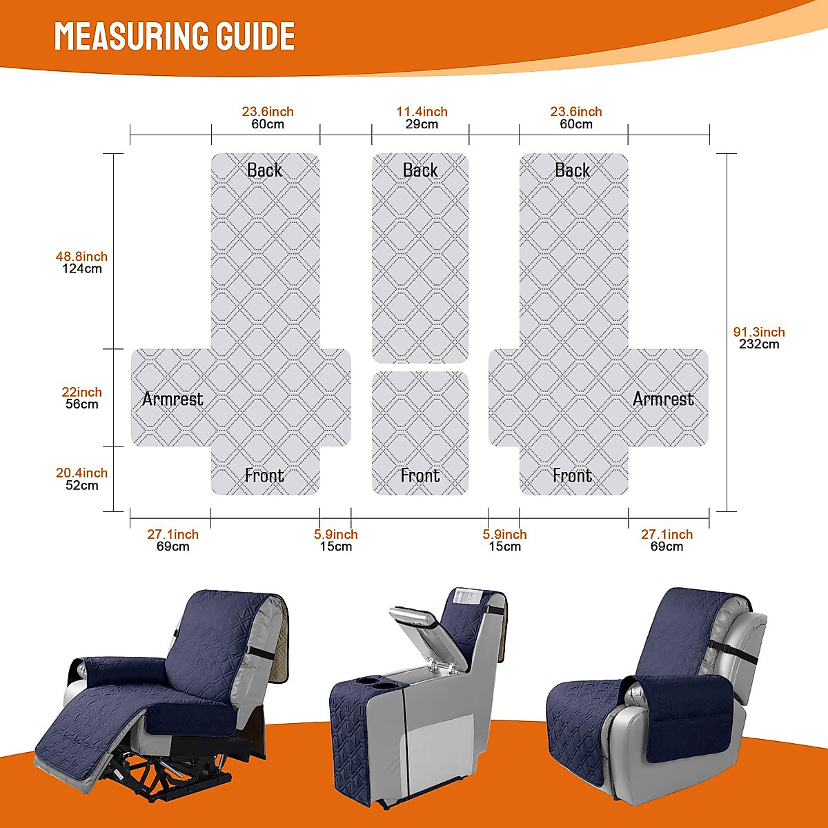 VANSOFY Loveseat Recliner Cover with Console 100% Waterproof Sofa Slipcovers Non-Slip Reclining Couch Cover Split Sofa Covers Furniture Protector for Pets, Dogs(Dark Blue)