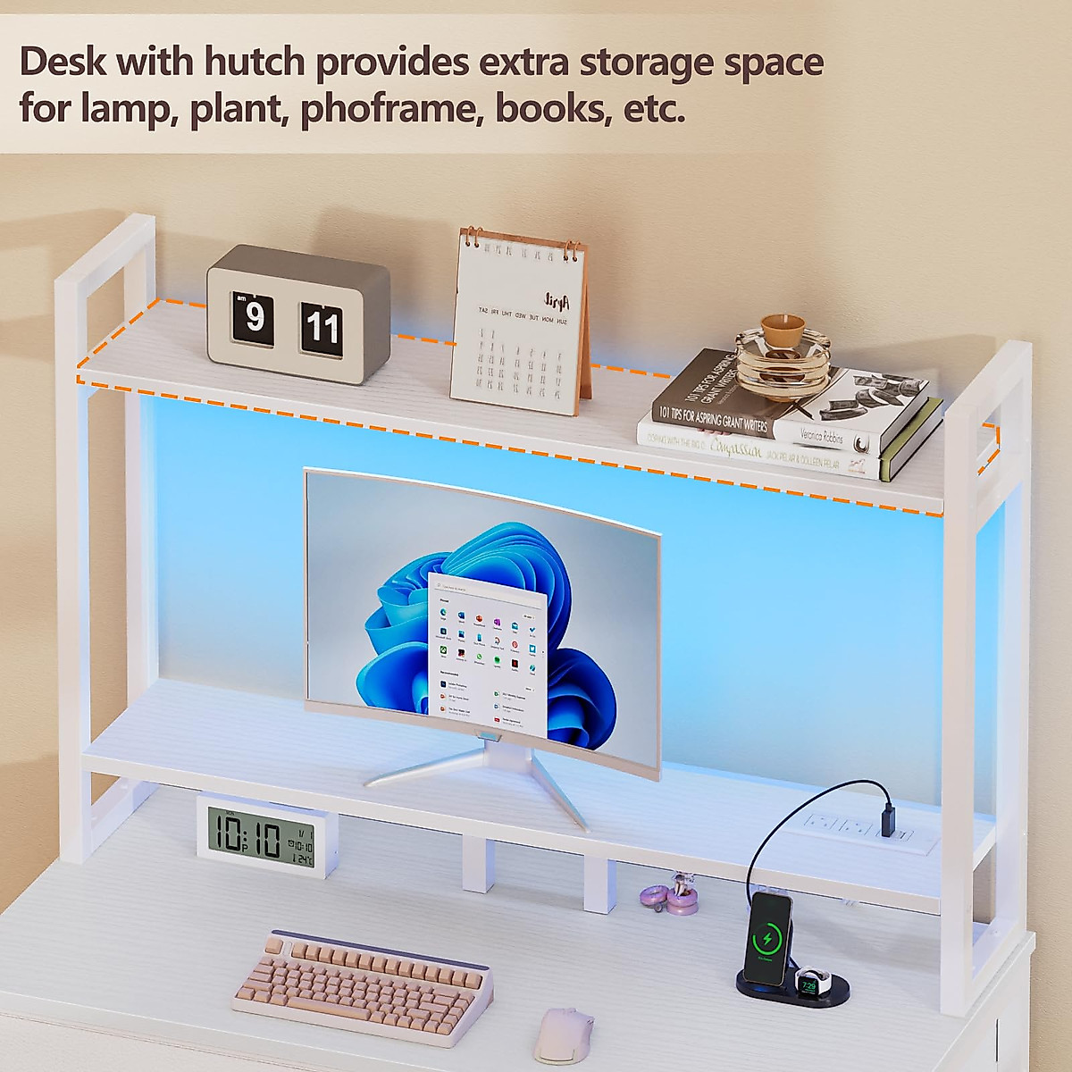 Furologee Small White Desk with Drawers, 36 Inch Home Office Computer Desk with Power Outlet and LED Light, Vanity Desk with Storage Shelves, Modern Work/Writing/Study Table for Bedroom, White