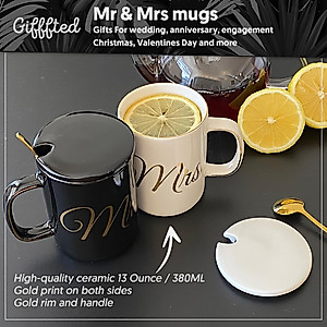 Triple Gifffted Couples Gifts For Wedding Anniversary, Engagement, Christmas, Mr and Mrs Mugs, Him Her, His Hers, Newlywed Couple Gift, Bride Groom, Lids Teaspoons, Ceramic, 380ML