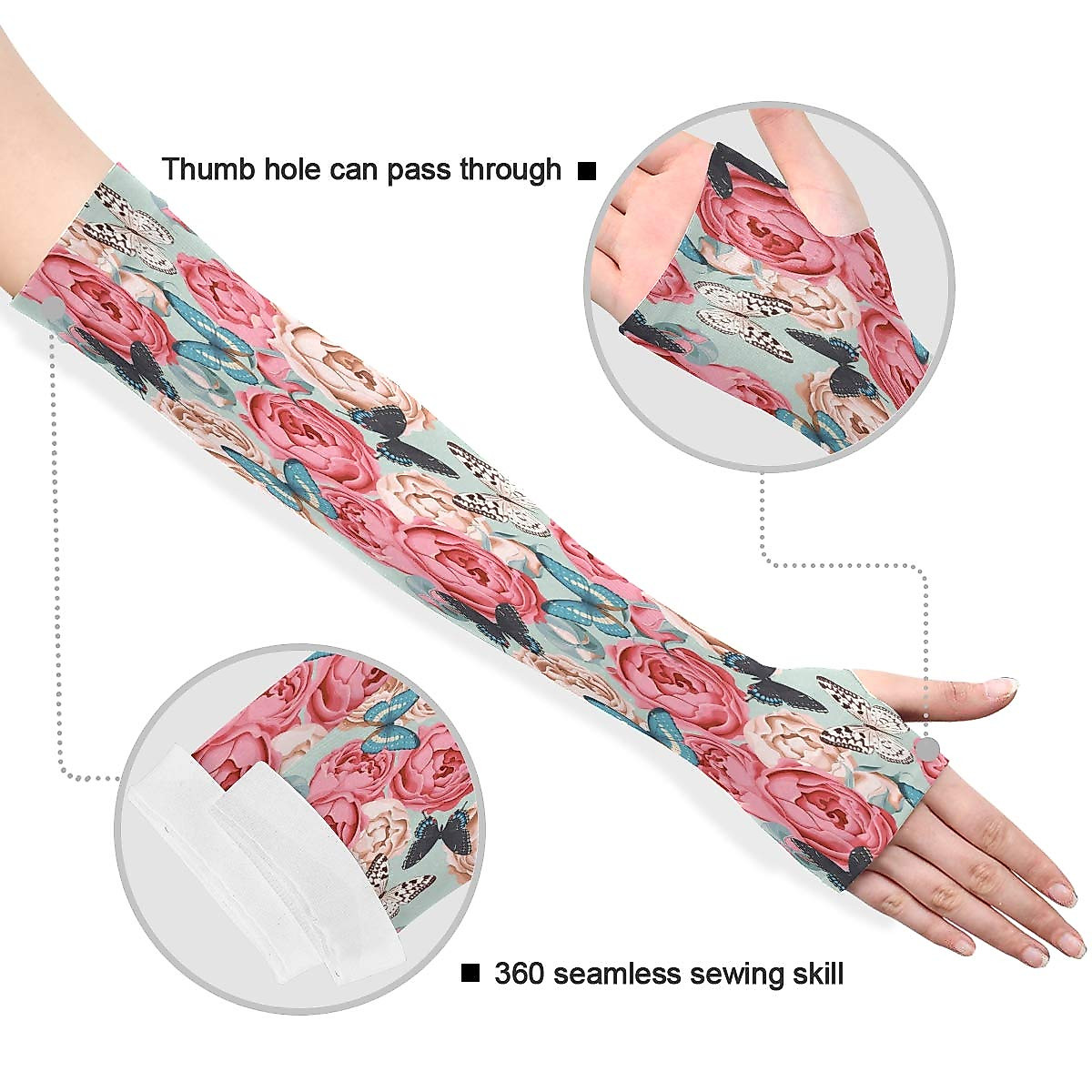WELLDAY Peony Flower Butterfly Gardening Sleeves with Thumb Hole UV Sun Protection Farm Sleeves for Women Men
