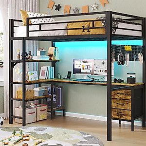 ADORNEVE Loft Bed Twin Size with L-Shaped Desk, LED Lights,Charging Station,Twin Metal Loft Bed with Desk, Fabric Drawers & Shelves, 13.4" H Safety Guard, No Box Spring Needed, Vintage Brown & Black