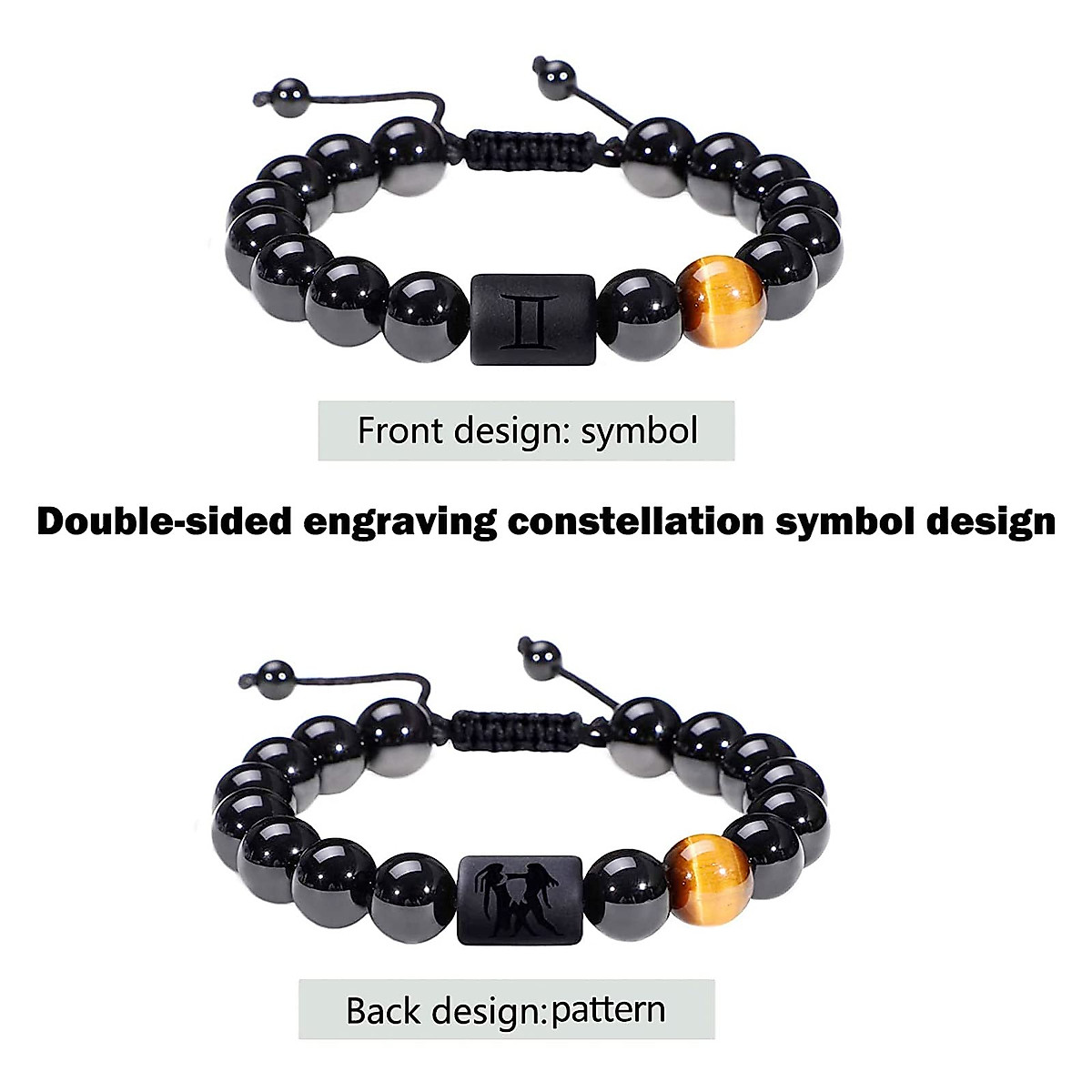 Zodiac Bracelet for Men Women 10mm Natural Black Onyx Stone Star Sign Constellation Horoscope Bracelet Gifts (Gemini)