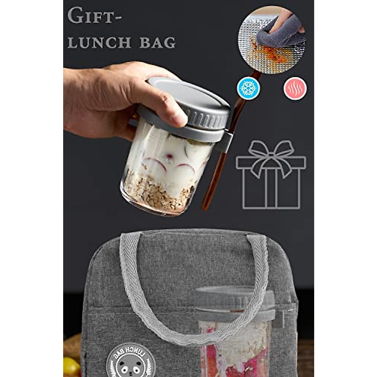 Overnight Oats Containers with Lids - 2pack Updated Design 10 oz Wide Mouth Mason Jar with Spoon Very Convenient for Use On The Go, Tight sealing glass jar ideal for home, office or to go