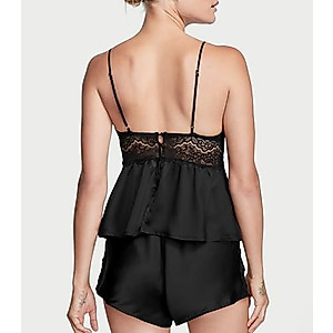Victoria's Secret Stretch Lace & Satin Cami Set, Silk Lingerie, Sexy Nightwear, 2 Piece Loungewear Set, Women's Sleepwear, Black (XL)