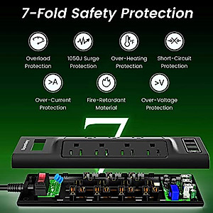 10 Ft Surge Protector Power Strip with USB, 7 Outlets and 3 USB Ports, SUPERDANNY 3-Prong Extension Cord, Wall Mountable for Home Office Dorm, Black