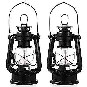 Hortsun 2 Pcs Black Vintage LED Camping Lanterns Warm LEDs and Dimmer Switch Battery Operated Metal Hurricane Farmers Hanging Lantern for Indoor Outdoor Usage Decor (8 Inch)