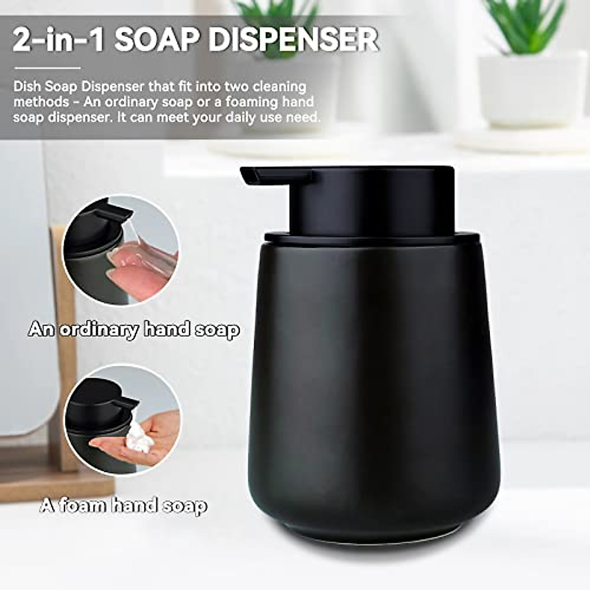 YYW Dish Soap Dispenser, Ceramics Hand Soap Dispenser for Bathroom with Easy-to-Press Pump, 14Oz Liquid Foam Soap Dispenser for Kitchen, Shower (Black)