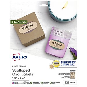 Avery Kraft Brown Scalloped Oval Labels with Sure Feed Technology, 1-1/8" x 2-1/4", Print to The Edge, Laser/Inkjet Printable Labels, 525 Total (22855)