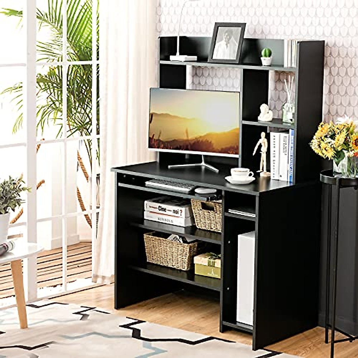 Tangkula Computer Desk with Hutch, Home Office Desk with Keyboard Tray & CPU Stand, Space Saving Study Writing Desk with Storage Bookshelves, Desk Workstation with Hutch for Bedroom, Black