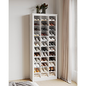 Hzuaneri Shoe Storage Cabinet, 36 Pairs Free Standing Closet Organizer, 8.8 inch Widened Cell Wood Shoe Organizer, 12 Tiers Vertical Space Saving Shoe Rack for Entryway, Bedroom, White SR20703X