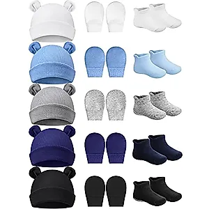 Baby Ears Newborn Hats Mittens and Socks Set for Boys Girls Beanie Hat 0-6 Month (White, Black, Gray, Light Blue, Navy Blue,5 Set)
