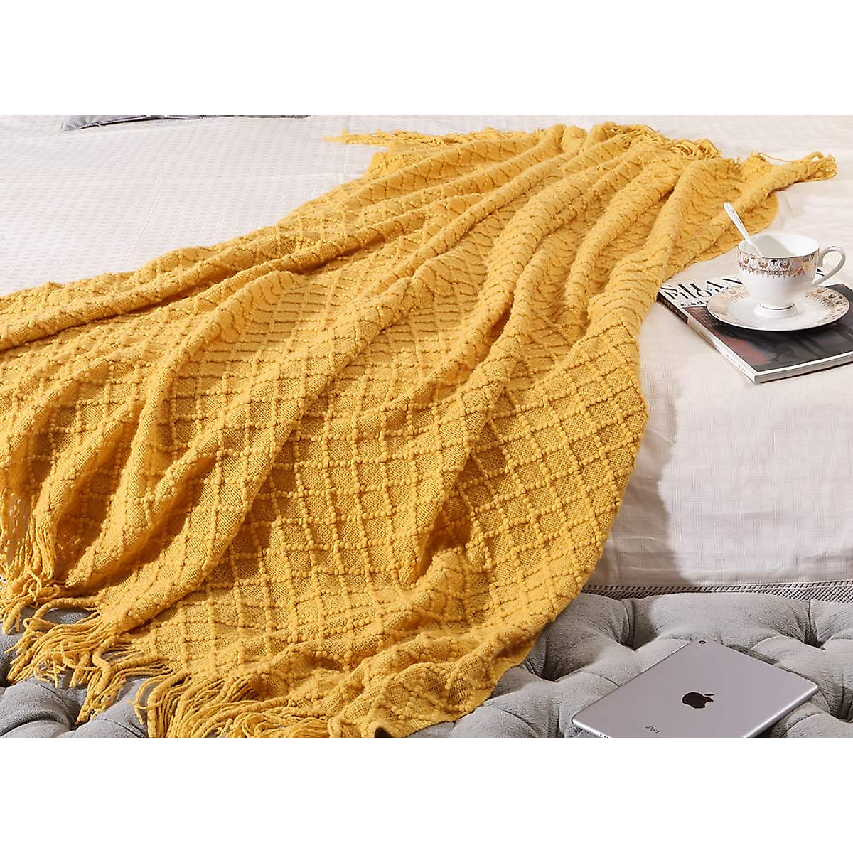 CREVENT Knitted Decorative Throw Blanket for Couch Sofa Chair Bed，Soft Warm Cozy Light Weight for Spring Summer (50''X60'' Mustard Yellow)