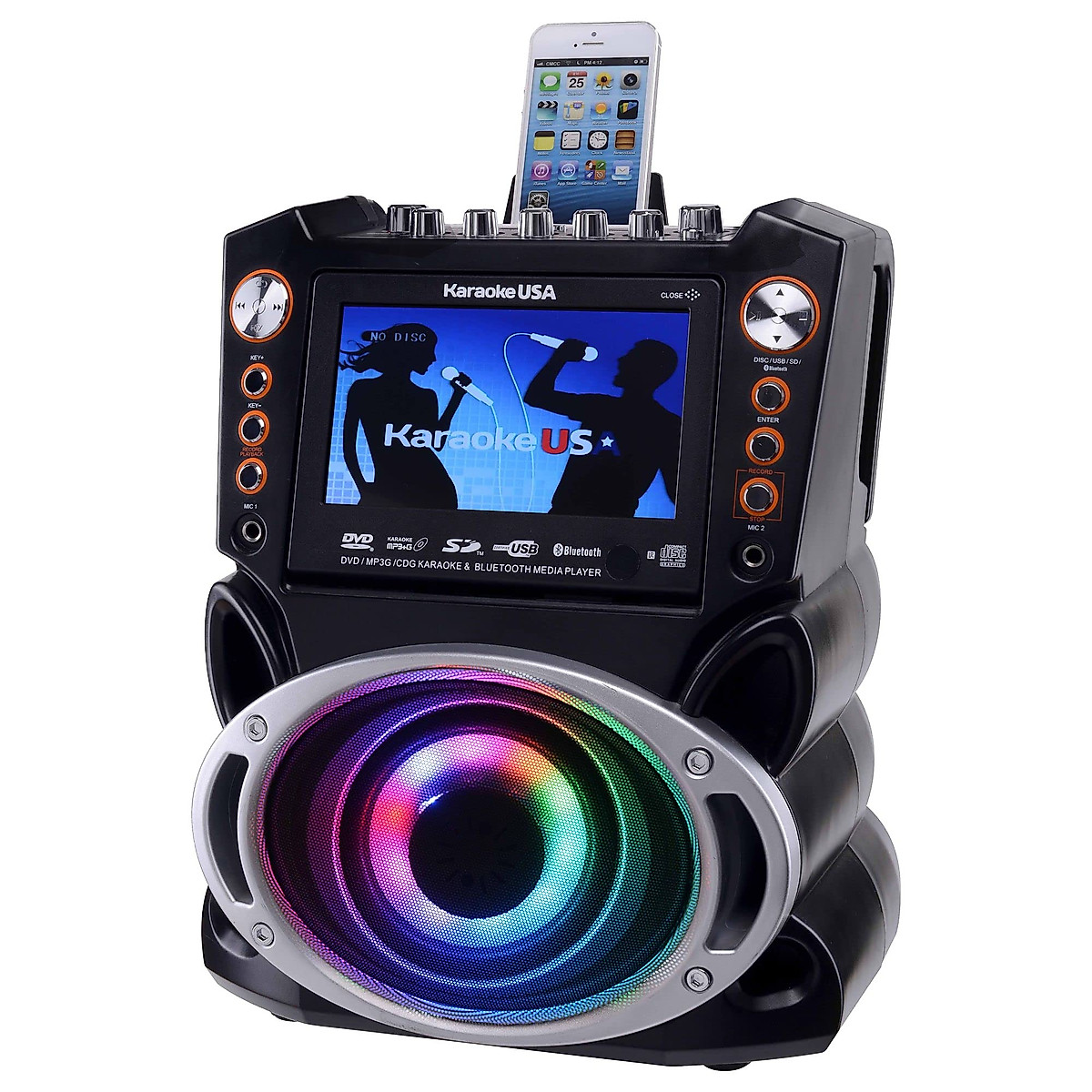 Karaoke USA GF946 GF946 DVD/CD+G/MP3+G Bluetooth 35-Watt Karaoke System with 7-Inch TFT Digital Color Screen, LED Lights, HDMI Output, and 2 Microphones (Black)