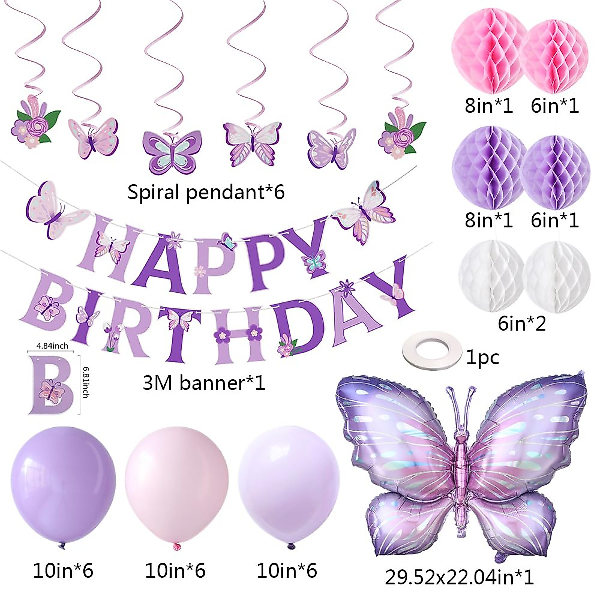 Butterfly Purple Pink Birthday Party Decorations, Happy Birthday Banner, Spiral pendant, Honeycomb Ball with Big Butterfly Foil Balloon for Women Girl Birthday Party Butterfly Theme Supplies