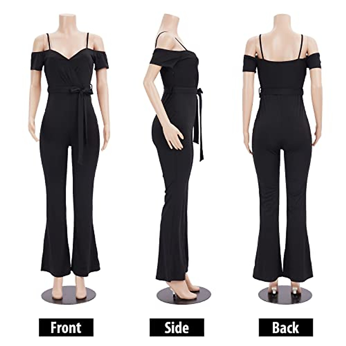 Women's Jumpsuit Elegant Sexy V Neck off Shoulder High Waisted Flared Pants Casual Rompers Party Clubwear with Belt Black 2XL