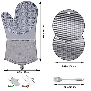 Oven Mitts and Pot Holders Sets, Silicone Oven Mitts Heat Resistant 550℉ Kitchen Oven Mits/Glove Set, Extra Long Kitchen Mittens and Hot Pads Pot Holder with Basting Brush for Baking Cooking Grilling