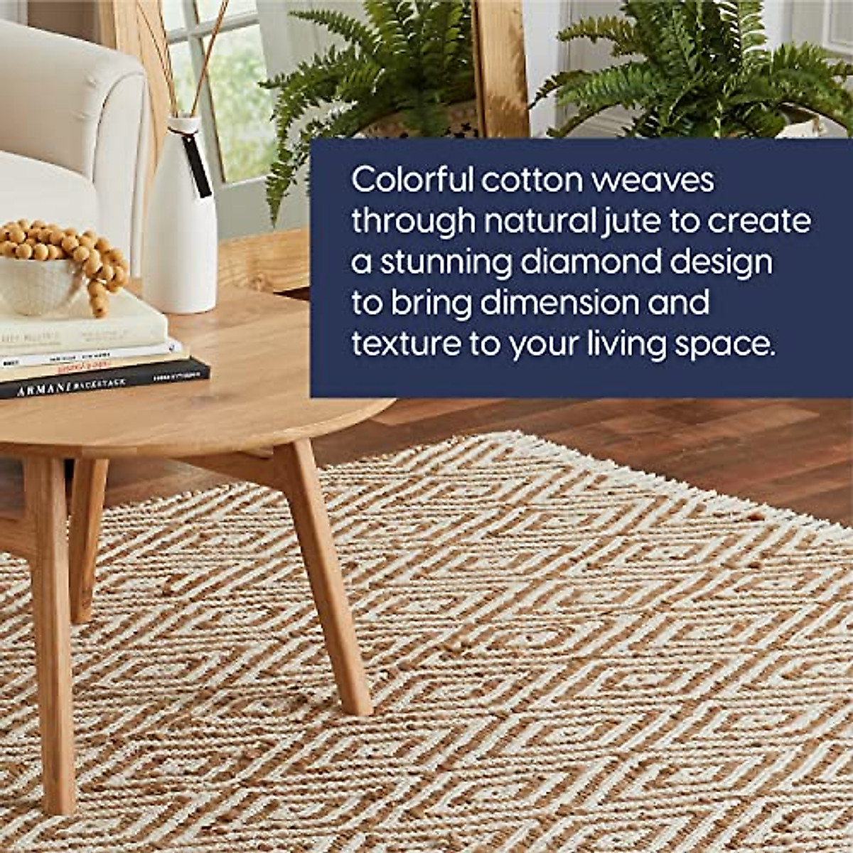 Pebble & Crane - Durham Rug - Woven Throw Rug - Jute and Cotton - Area Rug for Kitchen, Living Room, Bedroom, and More - Solid Trim - 6’ x 9’ - Natural and Beige