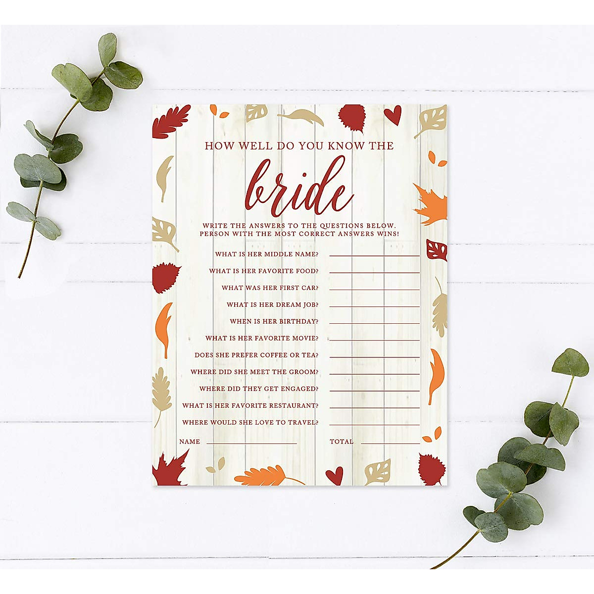 Andaz Press Fallin' in Love Autumn Fall Leaves Wedding Party Collection, How Well Do You Know the Bride? Bridal Shower Game Cards, 20-Pack