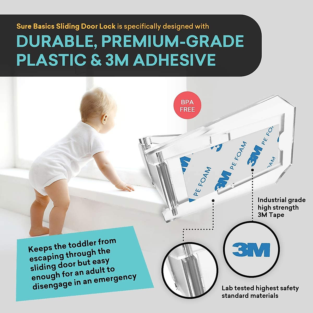 Child Lock for Sliding Closet Doors - 3M Tape Easy Install, 4 Pack, Clear