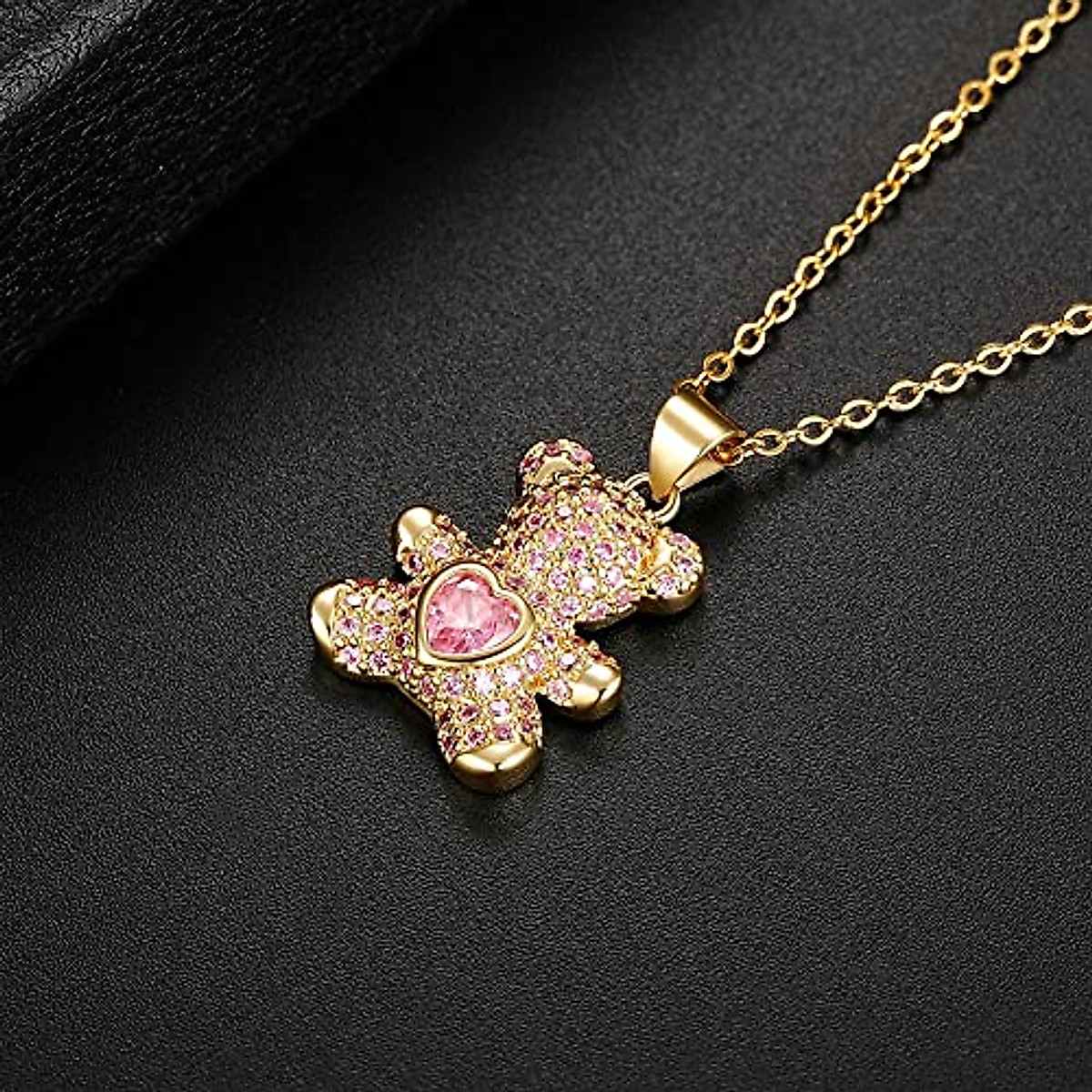 Foruiston Teddy Bear Pendant Heart Crystal Pendant Necklace Cute Animal Jewelry for Women (pink)