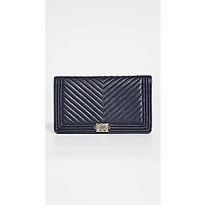 CHANEL Women's Pre-Loved Navy Lambskin Chevron Boy Long Flap Wallet, Navy, Blue, One Size