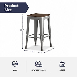 ZAFLY Metal Backless Bar Stool with Wood Seat Industrial Style Counter Height Barstool Indoor Outdoor Stackable Bar Chair, Set of 4, 330lbs Weight Capacity