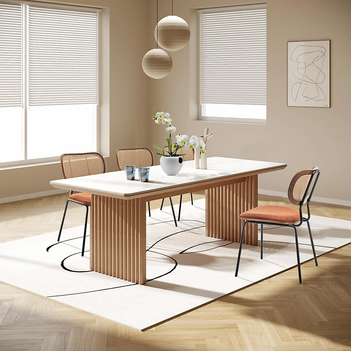 HOCEWI Rattan Dining Chairs Set of 2, Mid Century Modern Dining Chairs, Fabric Cane Dining Room Chairs (Orange, Fabric)