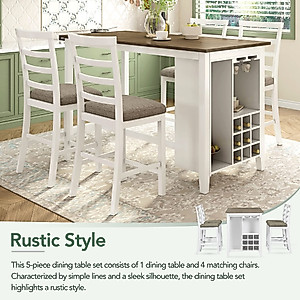 5-Piece Rustic Dining Table Set, Rubber Wood Counter Height Table with 4 Padded Chairs and Integrated 9 Bar Wine Compartment, Wineglass Holdersc for Dining Room Kitchen (Brown + White Wash-04)