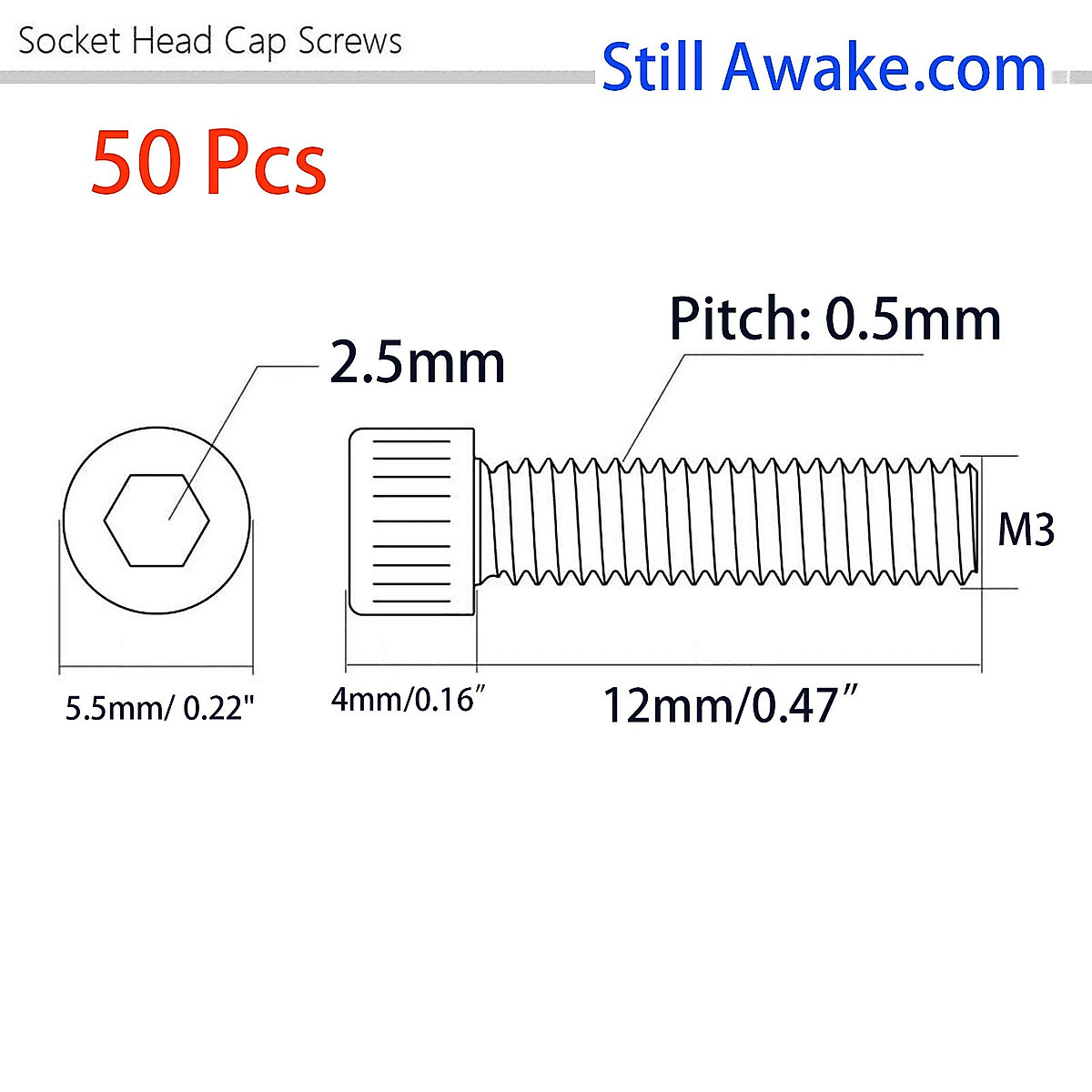 50 Pcs M3-0.5x12mm Stainless Steel Hex Socket Head Cap Screws Bolts Inner Hex Socket Bolt DIN 912