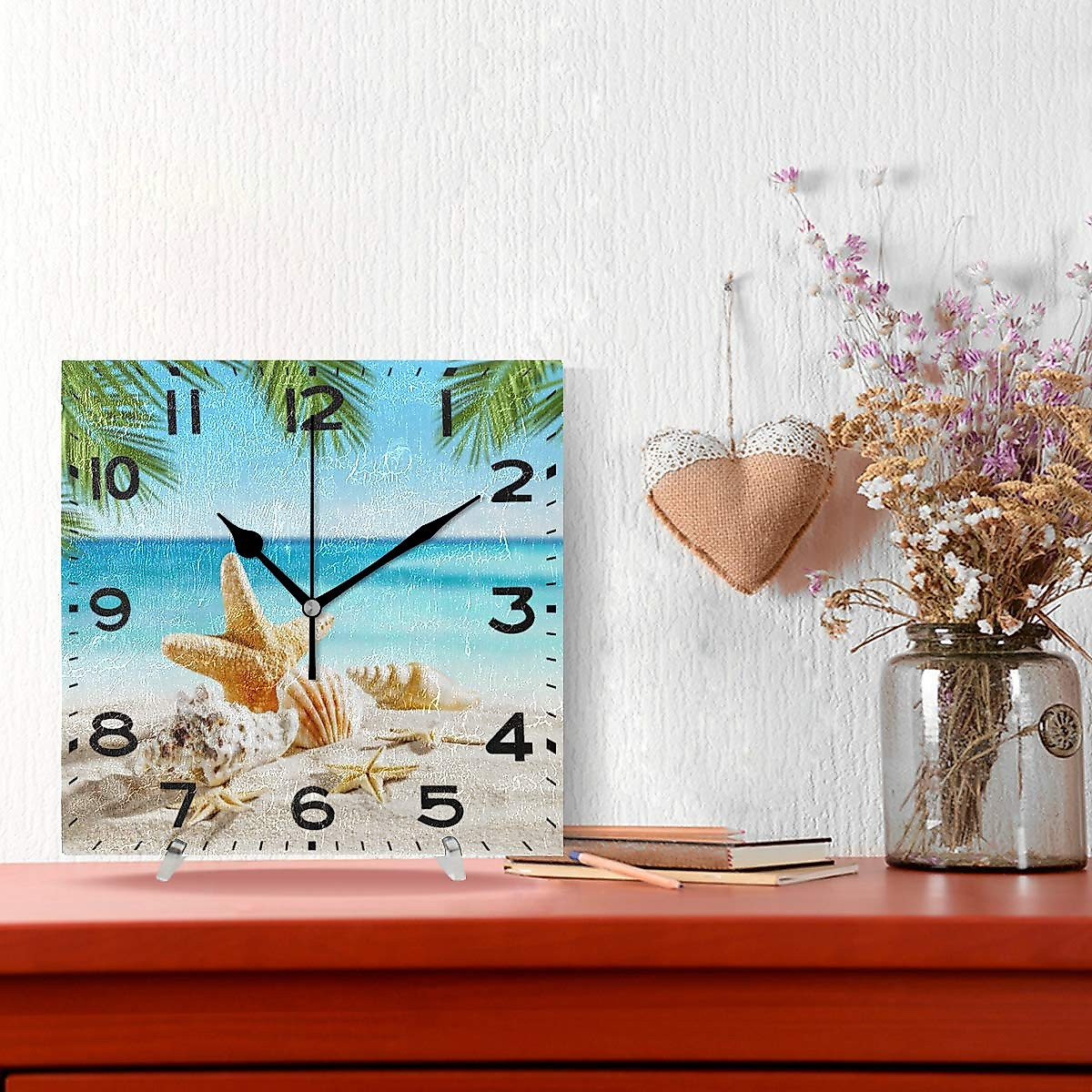 Naanle 3D Tropical Seashells Starfish on Summer Beach Sand Silent Square Wall Clock, 8 Inch Battery Operated Quartz Analog Quiet Desk Clock for Home,Office,School