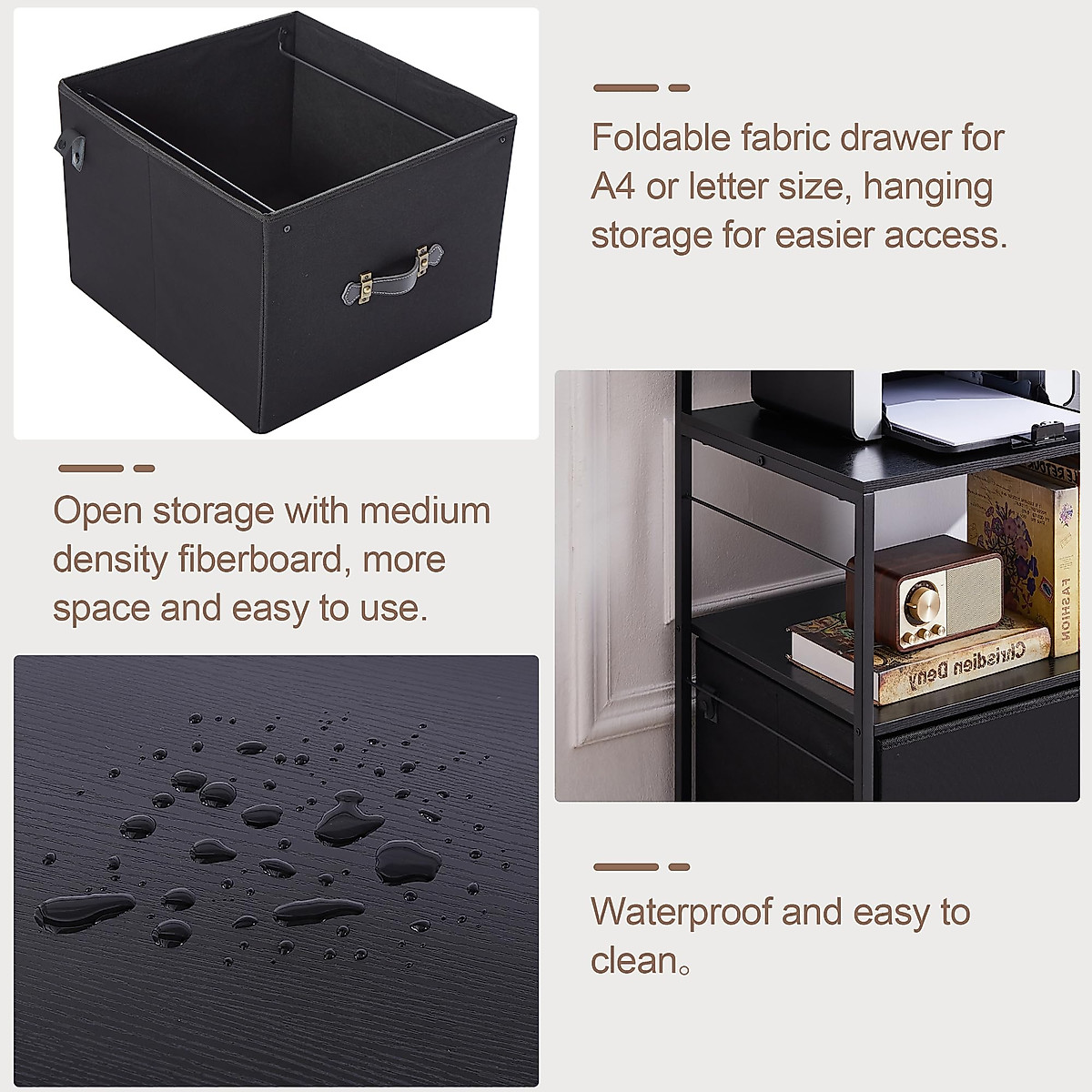 VECELO Fabric Lateral Filing Cabinet with 3 Open Storge Shelves Movable Printer Stand with 2 Large, Home Office, Suitable for A4 Or Letter Size,Black, 2 Drawer