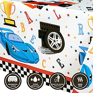WERNNSAI Racing Car Tablecloth - 108" x 54" Disposable Plastic Rectangular Checkered Table Covers for Kids Birthday Game Sports Events Race Car Party Supplies